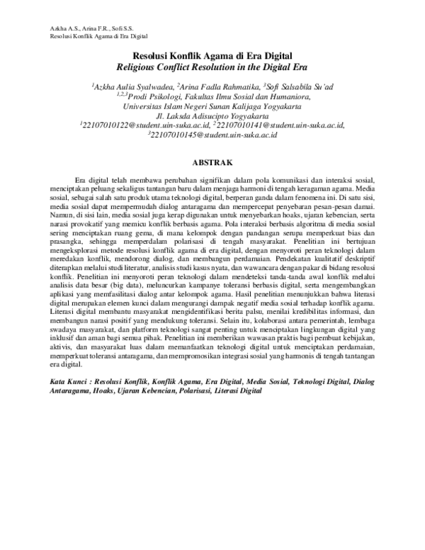 (PDF) Resolusi Konflik Agama di Era Digital Religious Conflict ...