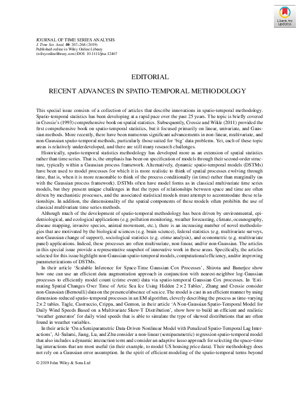 (PDF) Recent Advances in Spatio‐Temporal Methodology