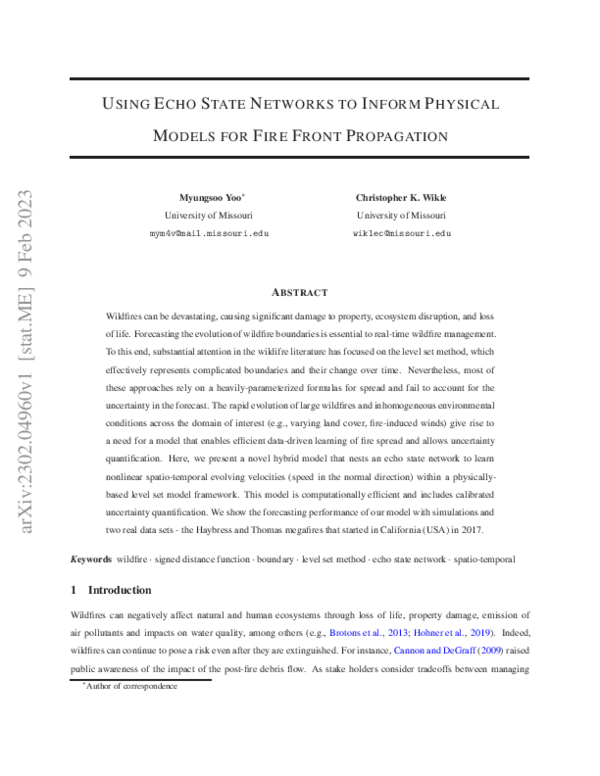 (PDF) Using echo state networks to inform physical models for fire front propagation