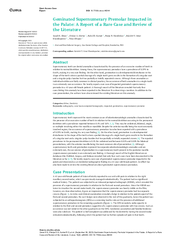 (PDF) Geminated Supernumerary Premolar Impacted in the Palate: A Report ...