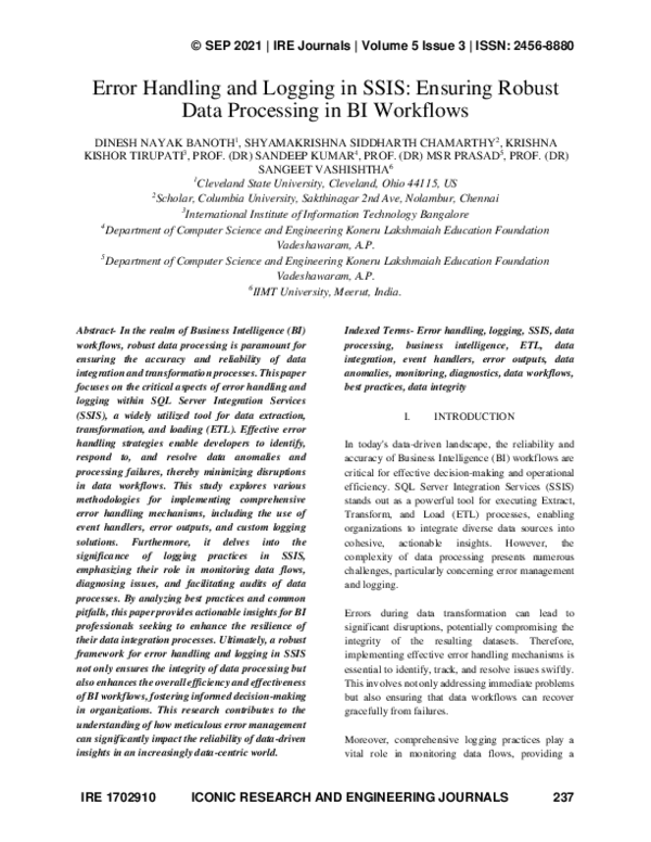 (PDF) Error Handling and Logging in SSIS: Ensuring Robust Data Processing in BI Workflows