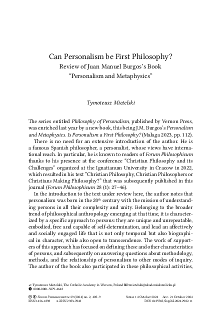 (PDF) Can Personalism be First Philosophy? Review of Juan Manuel Burgos ...