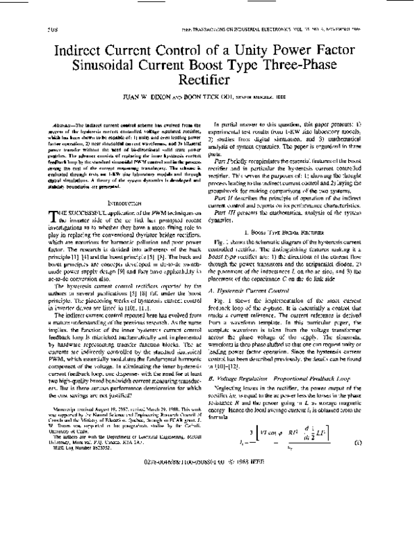 Pdf Indirect Current Control Of A Unity Power Factor Sinusoidal Current Boost Type Three Phase