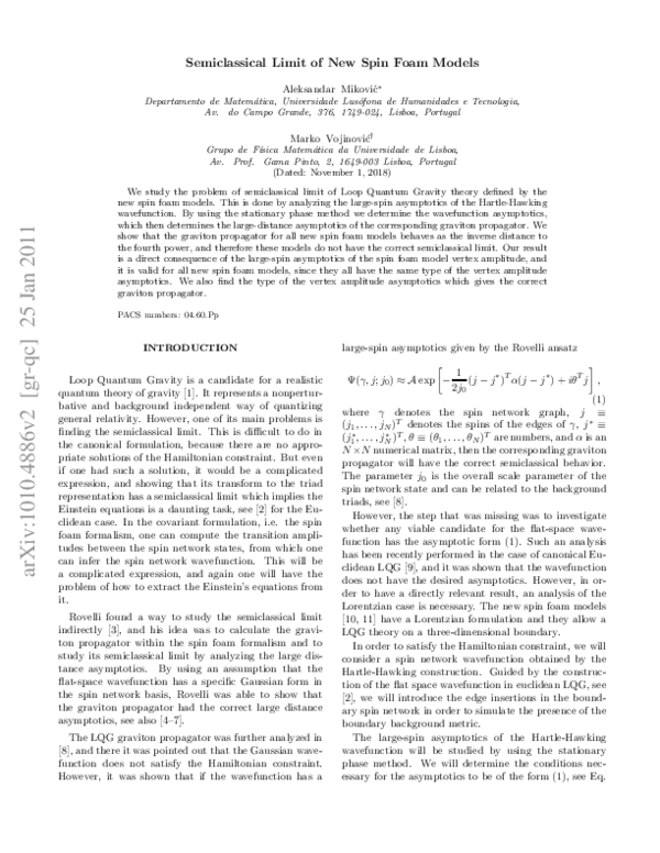 (PDF) Semiclassical Limit of New Spin Foam Models