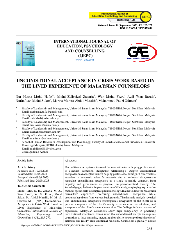 (PDF) Unconditional Acceptance in Crisis Work Based on the Lived Experience of Malaysian Counselors