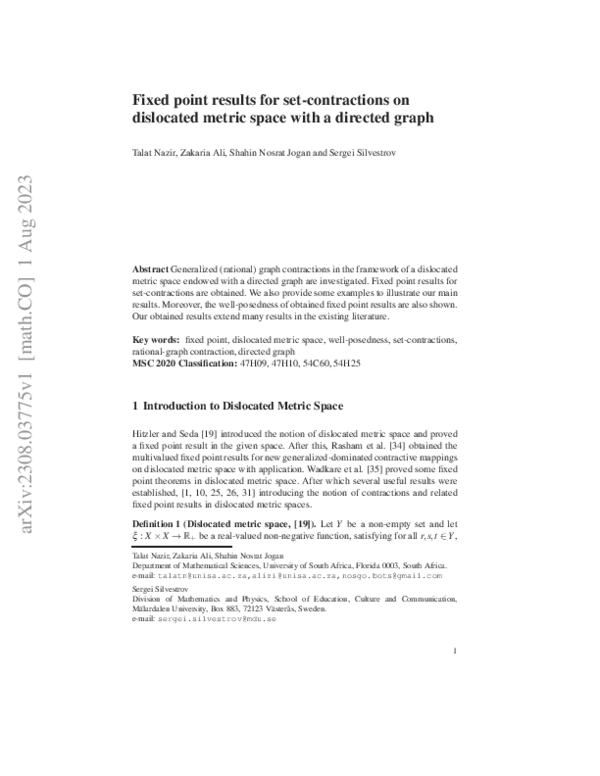 (PDF) Fixed point results for set-contractions on dislocated metric space with a directed graph