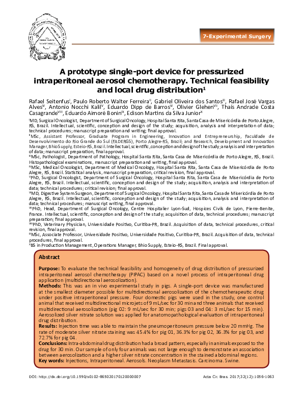 A prototype single-port device for pressurized intraperitoneal aerosol ...