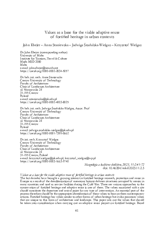 (PDF) Values as a base for viable adaptive reuse of fortified heritage ...