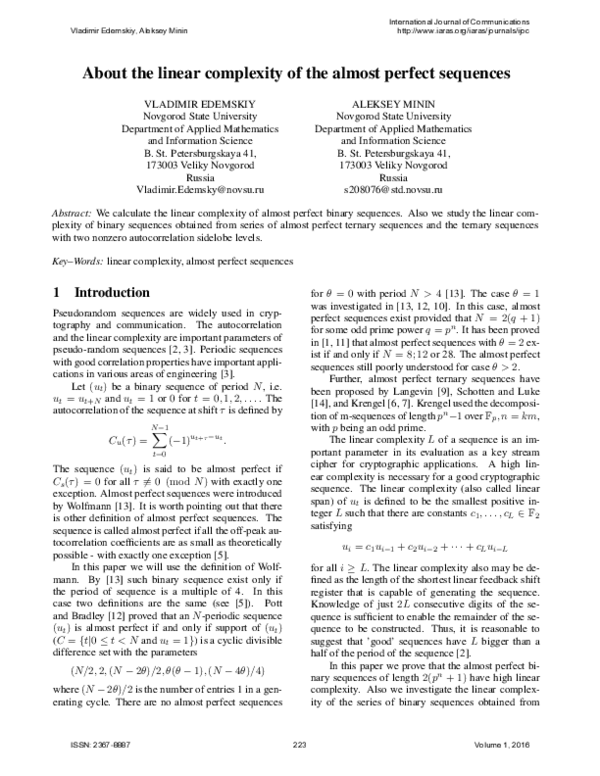 (PDF) About the Linear Complexity of the Almost Perfect Sequences