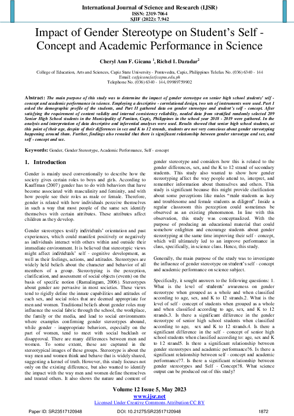 (PDF) Impact of Gender Stereotype on Student's Self - Concept and ...