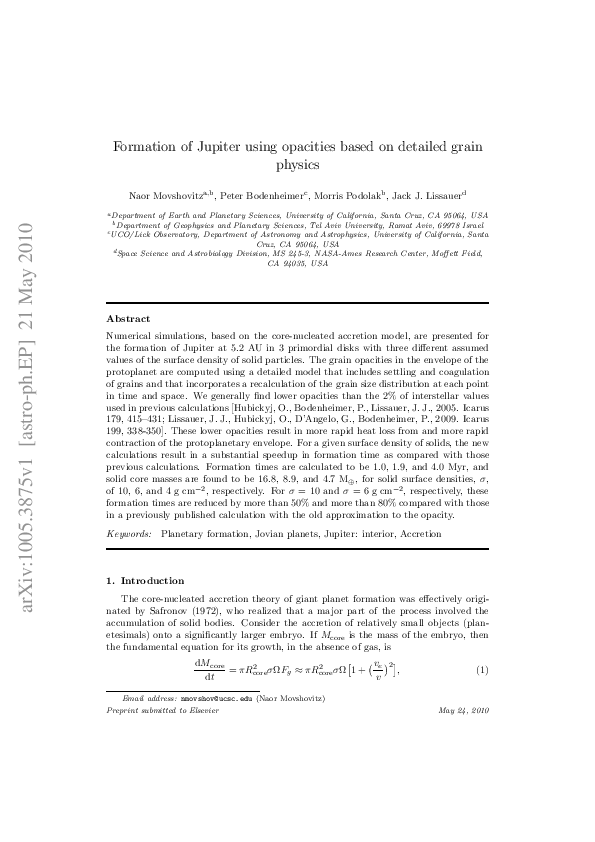 (PDF) Formation of Jupiter using opacities based on detailed grain physics