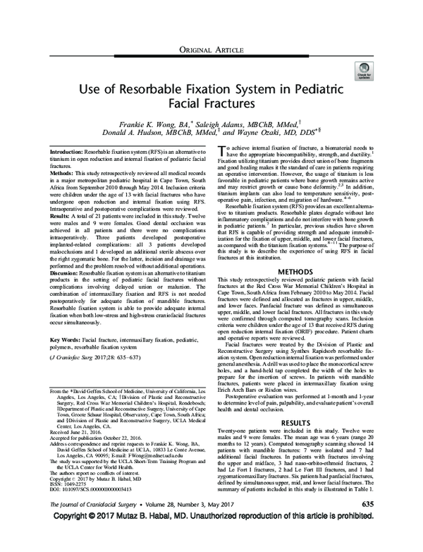 (PDF) Use of Resorbable Fixation System in Pediatric Facial Fractures