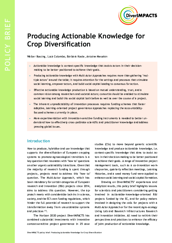 (PDF) Producing Actionable Knowledge for Crop Diversification