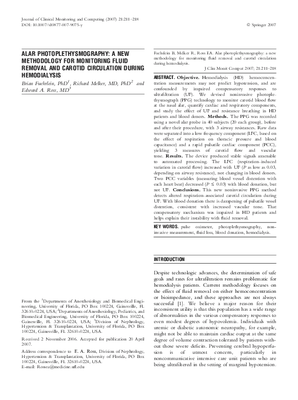 (PDF) Alar Photoplethysmography: A New Methodology for Monitoring Fluid Removal and Carotid ...