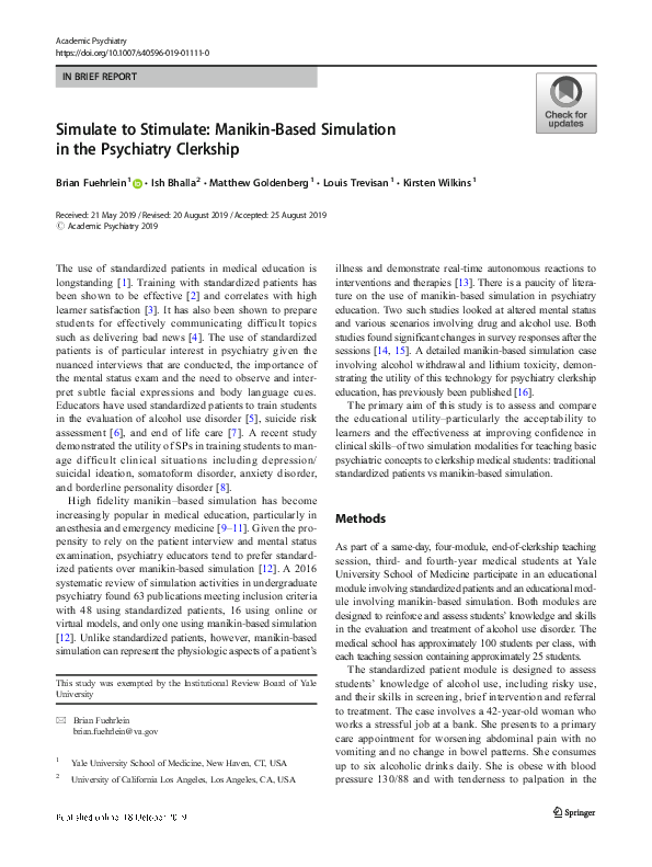 (PDF) Simulate to Stimulate: Manikin-Based Simulation in the Psychiatry Clerkship | Brian ...