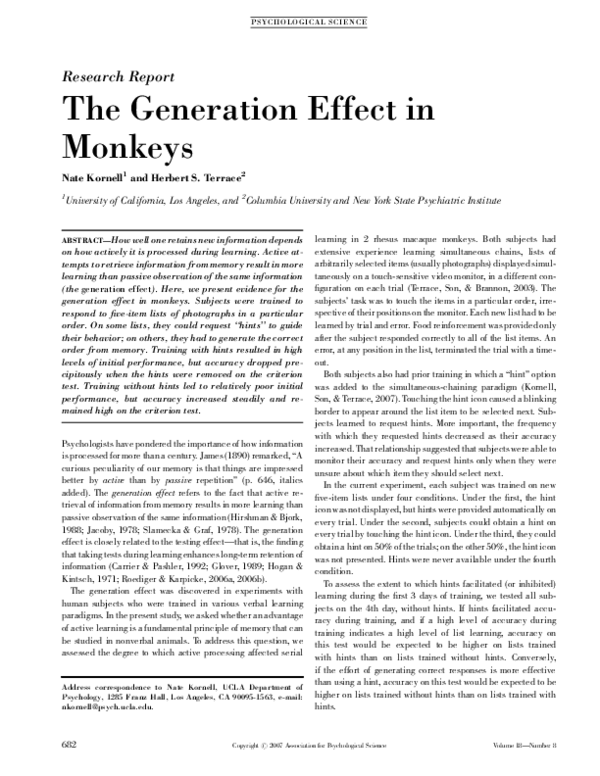 (PDF) The generation effect in monkeys