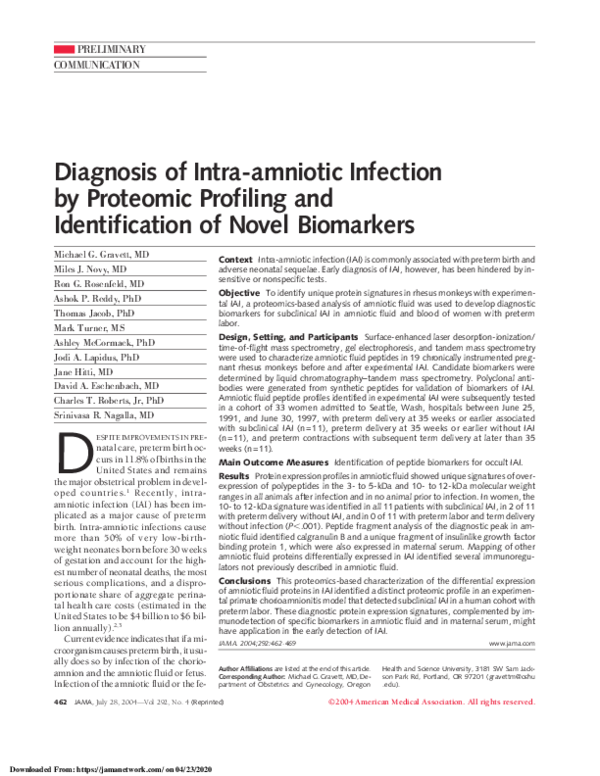 (PDF) Diagnosis of Intra-amniotic Infection by Proteomic Profiling and ...
