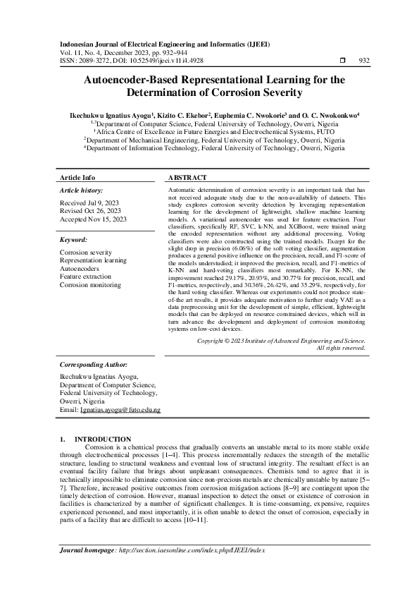 (PDF) Autoencoder-Based Representational Learning for the Determination of Corrosion Severity