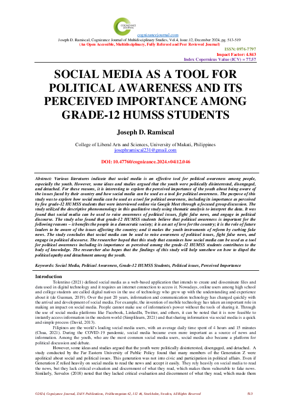 (PDF) SOCIAL MEDIA AS A TOOL FOR POLITICAL AWARENESS AND ITS PERCEIVED ...
