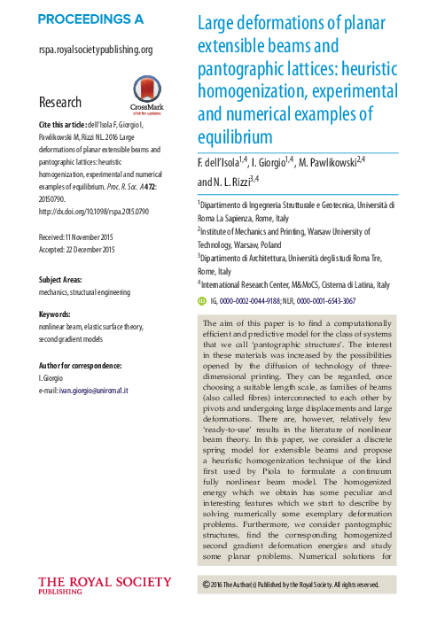 (PDF) Large deformations of planar extensible beams and pantographic ...