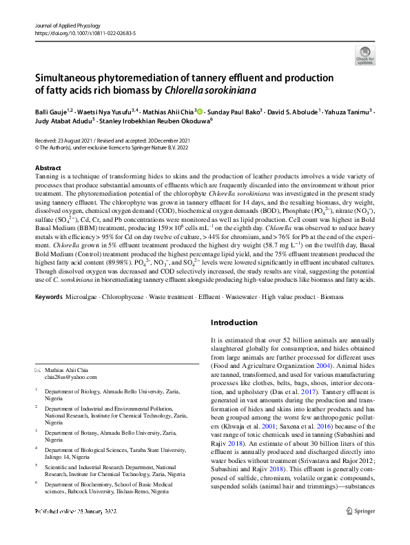(PDF) Simultaneous phytoremediation of tannery effluent and production of fatty acids rich ...