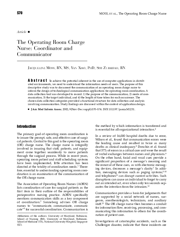 (PDF) The Operating Room Charge Nurse: Coordinator and Communicator