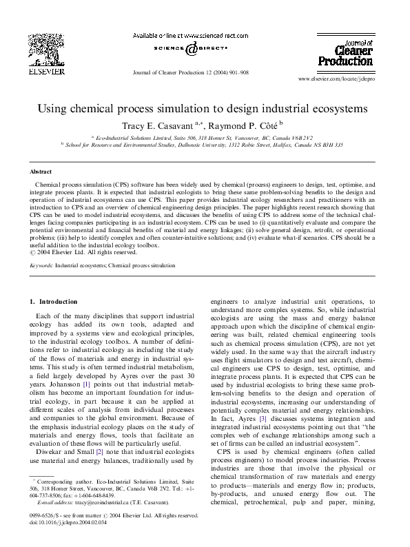 (PDF) Using chemical process simulation to design industrial ecosystems