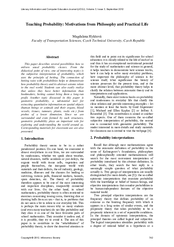 (PDF) Teaching Probability: Motivations from Philosophy and Practical Life