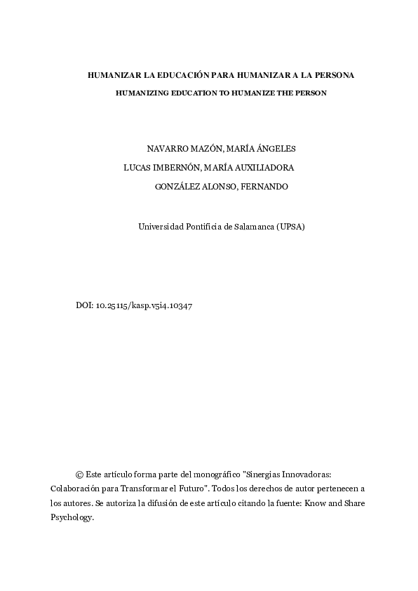 (PDF) Humanizar la Educación para Humanizar a la Persona. Humanizing ...