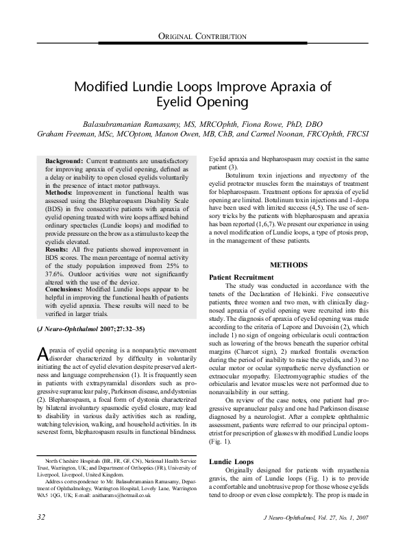 (PDF) Modified Lundie Loops Improve Apraxia of Eyelid Opening
