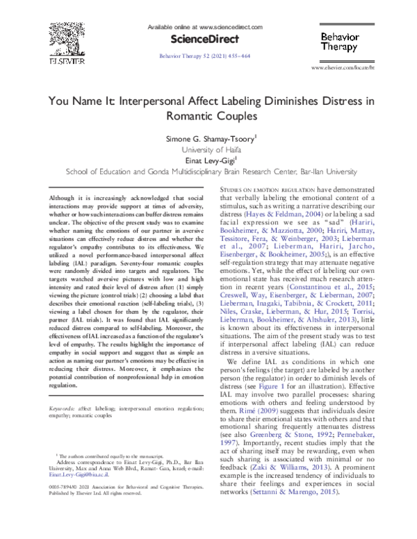 (PDF) You Name It: Interpersonal Affect Labeling Diminishes Distress in ...