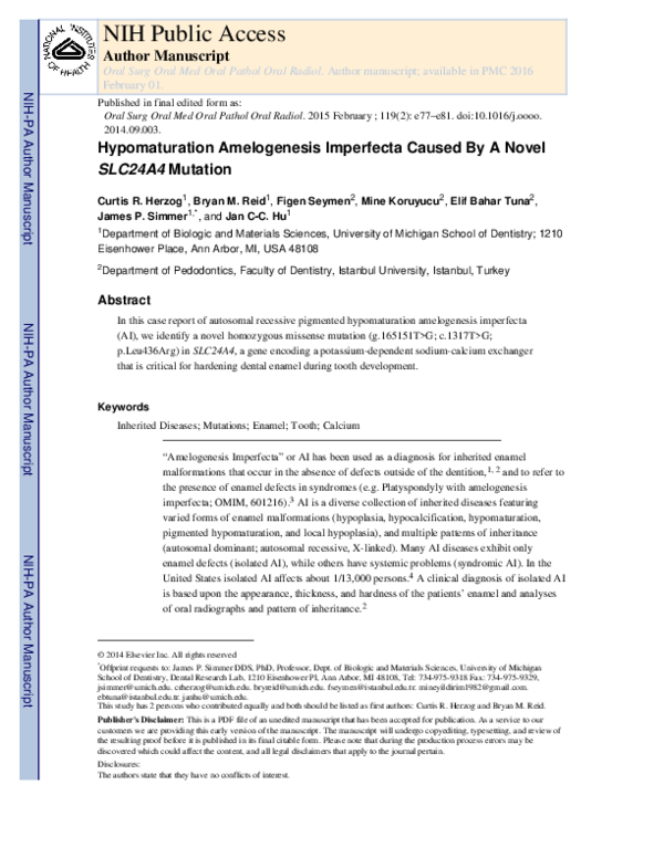 (PDF) Hypomaturation amelogenesis imperfecta caused by a novel SLC24A4 ...