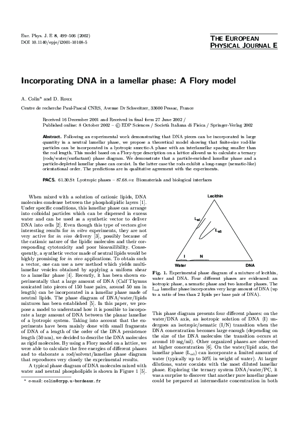 (PDF) Incorporating DNA in a lamellar phase: A Flory model | Annie ...