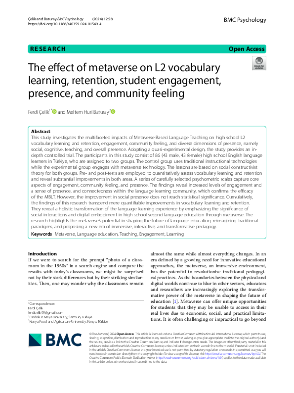 (PDF) The effect of metaverse on L2 vocabulary learning, retention, student engagement, presence ...