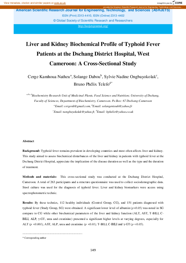(PDF) Liver and Kidney Biochemical Profile of Typhoid Fever Patients at ...