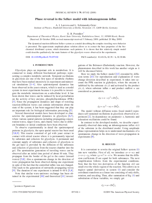 (PDF) Phase reversal in the Selkov model with inhomogeneous influx