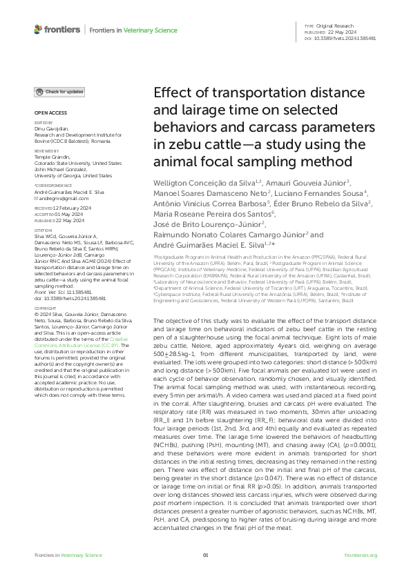 (PDF) Effect of transportation distance and lairage time on selected ...