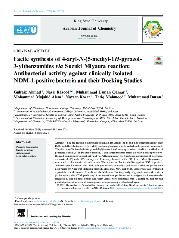 (PDF) Facile synthesis of 4-aryl-N-(5-methyl-1H-pyrazol-3-yl)benzamides via Suzuki Miyaura ...