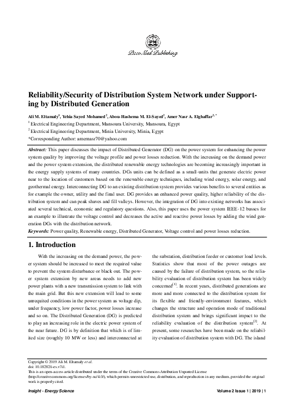 (PDF) Reliability / Security of Distribution System Network under Supporting by Distributed ...