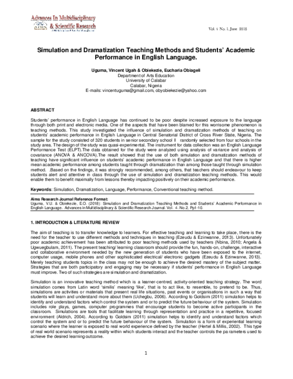 (PDF) Simulation and Dramatization Teaching Methods and St udents’ Academic Performance in ...