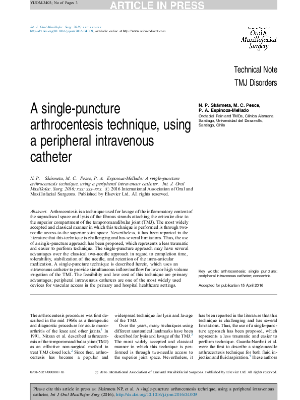 (PDF) A single-puncture arthrocentesis technique, using a peripheral ...