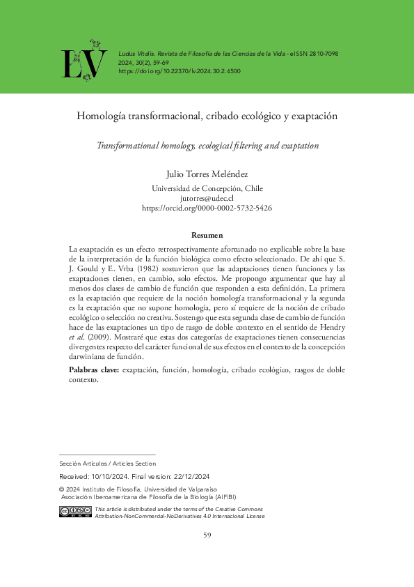 (PDF) Homología transformacional, cribado ecológico y exaptación