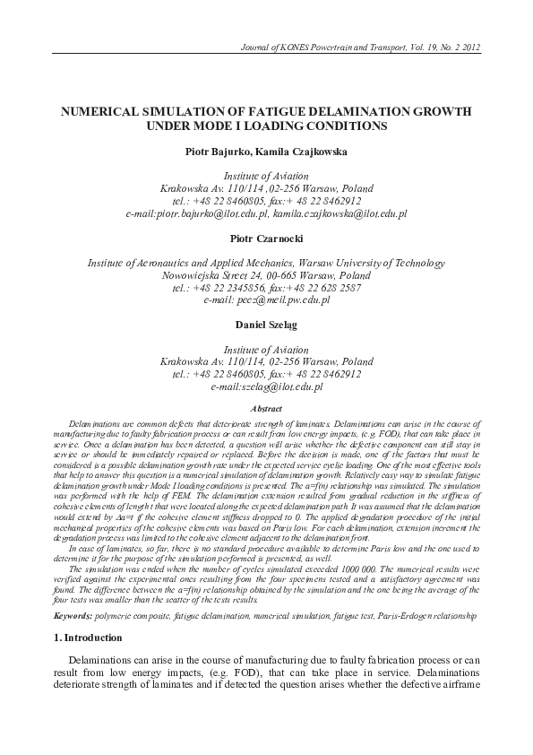 Pdf Numerical Simulation Of Fatigue Delamination Growth Under Mode I Loading Conditions
