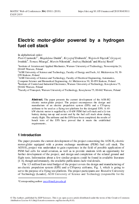 (PDF) Electric motor-glider powered by a hydrogen fuel cell stack ...