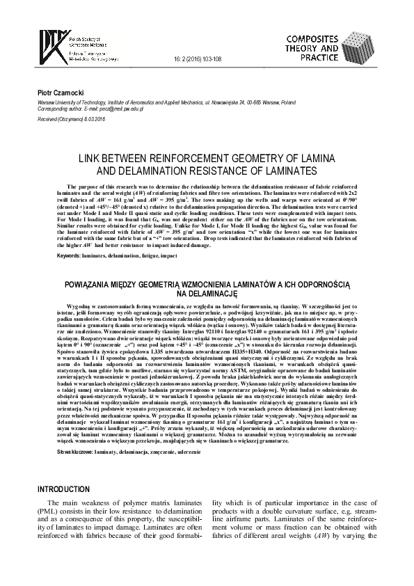 (PDF) Link between reinforcement geometry of lamina and delamination ...