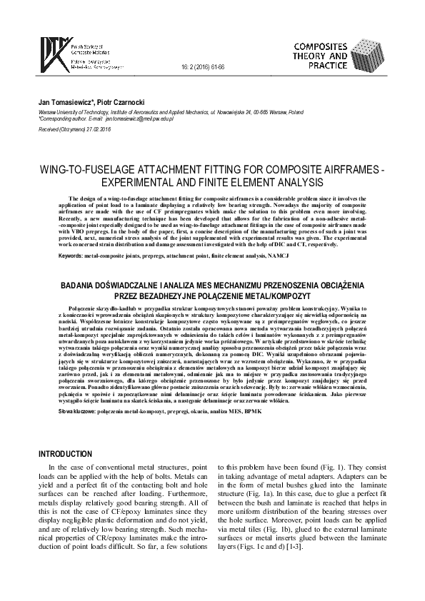 (PDF) Wing-to-fuselage attachment fitting for composite airframes : experimental and finite ...