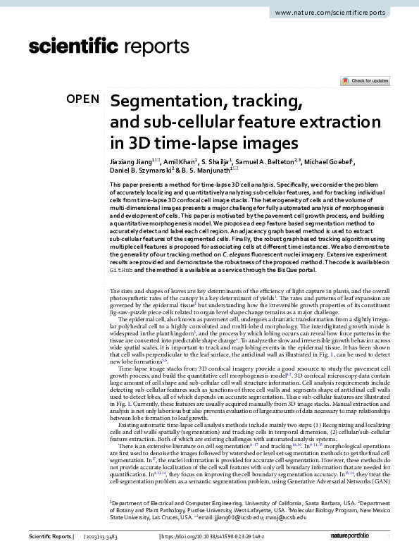 (PDF) Segmentation, tracking, and sub-cellular feature extraction in 3D time-lapse images