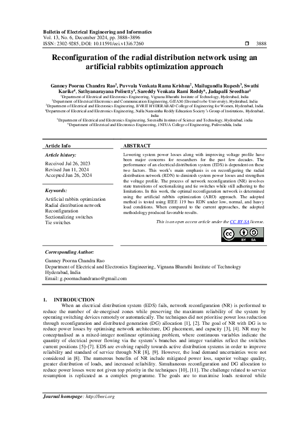 (PDF) Reconfiguration of the radial distribution network using an artificial rabbits ...