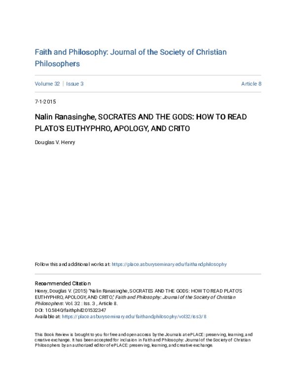 (PDF) Socrates and the Gods: How to Read Plato's Euthyphro, Apology ...