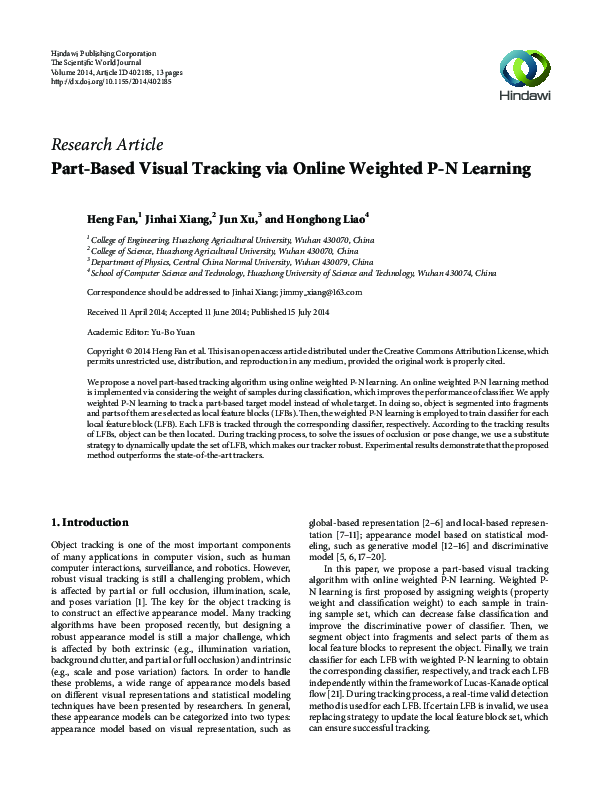 (PDF) Part-Based Visual Tracking via Online Weighted P-N Learning